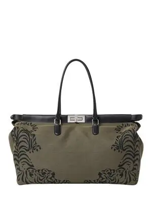 Fendi Peekaboo Tote Large Khaki Green Canvas Bag With Tiger Print [green]